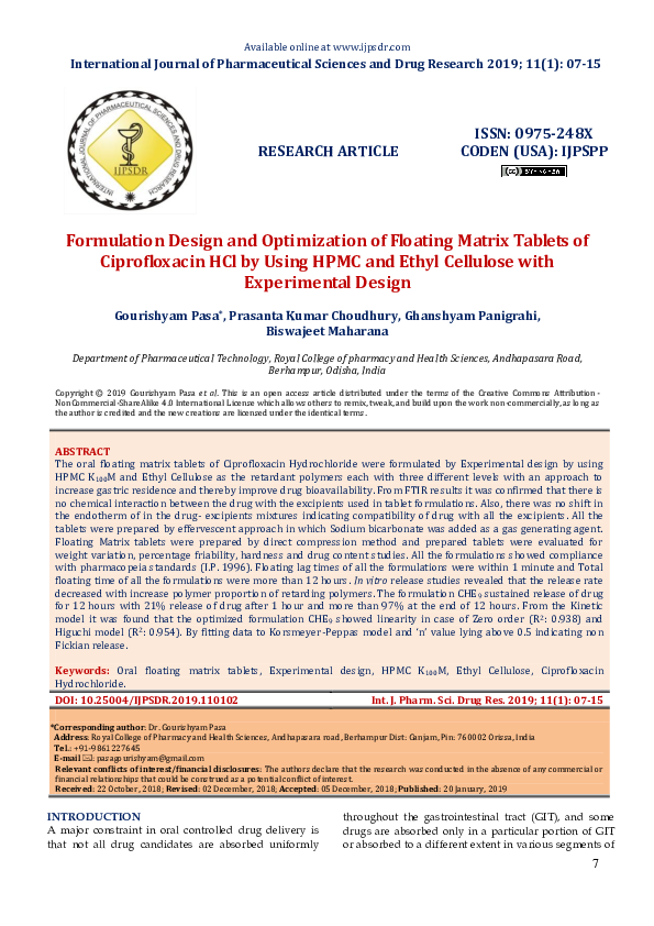 (PDF) Formulation Design and Optimization of Floating Matrix Tablets of Ciprofloxacin HCl by ...
