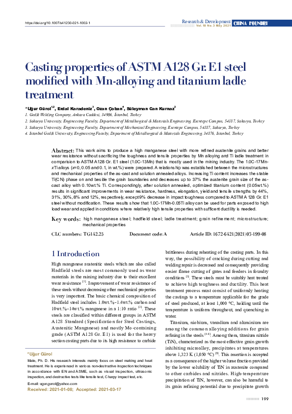 (PDF) Casting properties of ASTM A128 Gr. E1 steel modified with Mn ...