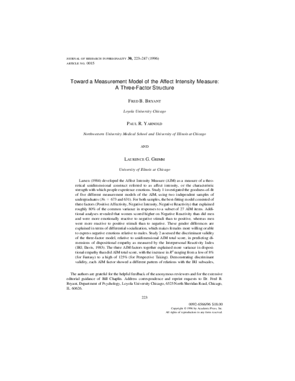 (PDF) Toward a Measurement Model of the Affect Intensity Measure: A ...