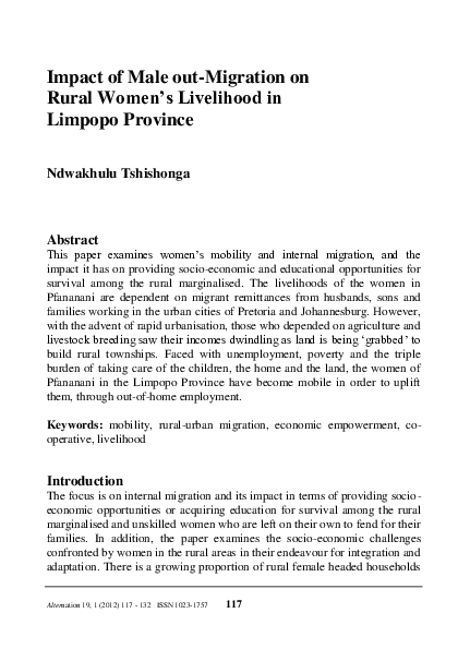 (PDF) Impact of Male out-Migration on Rural Women ’ s Livelihood in ...