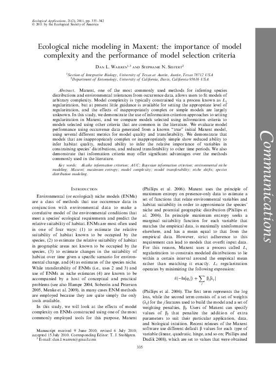 (PDF) Ecological niche modeling in Maxent: the importance of model complexity and the ...