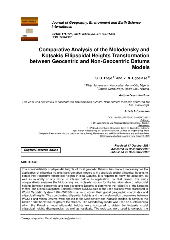 (PDF) Comparative Analysis of the Molodensky and Kotsakis Ellipsoidal ...
