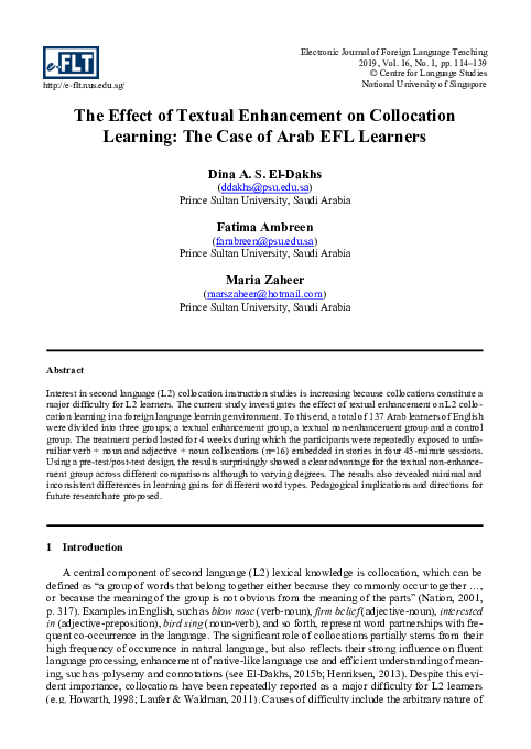 (PDF) The Effect of Textual Enhancement on Collocation Learning: The Case of Arab EFL Learners