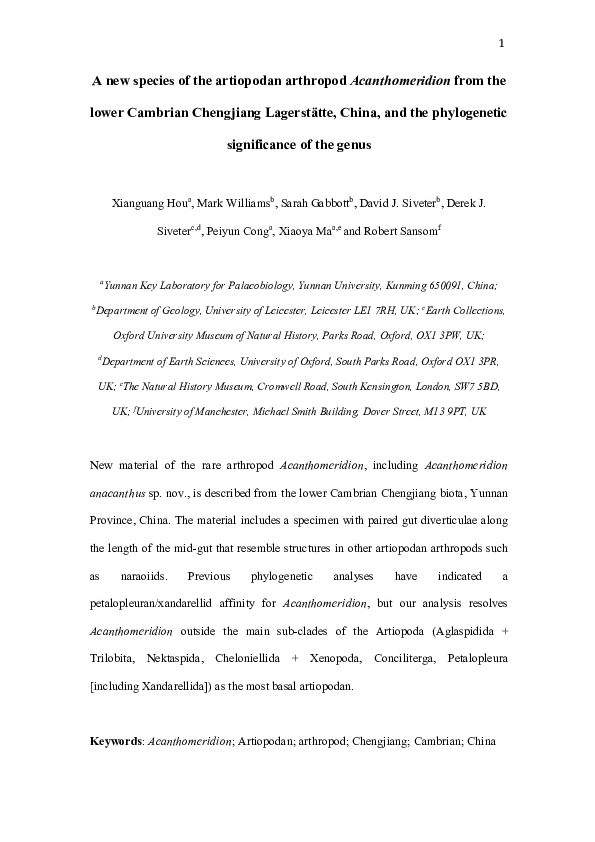 (PDF) A new species of the artiopodan arthropod Acanthomeridion from ...