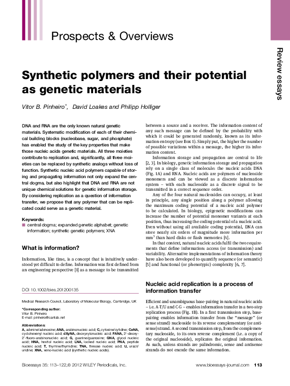 (PDF) Synthetic polymers and their potential as genetic materials