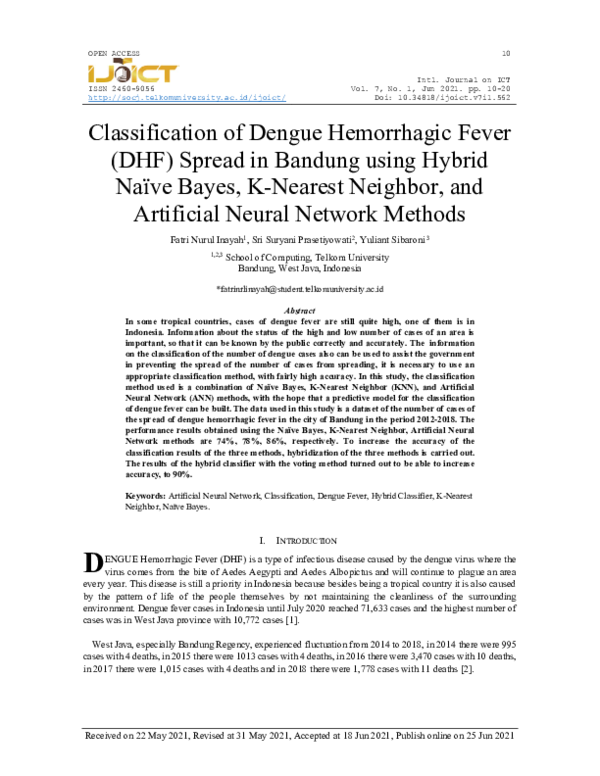 Pdf Classification Of Dengue Hemorrhagic Fever Dhf Spread In Bandung Using Hybrid Naïve