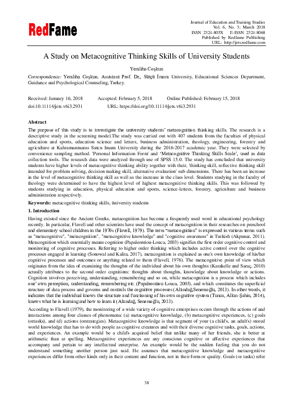 (PDF) A Study on Metacognitive Thinking Skills of University Students