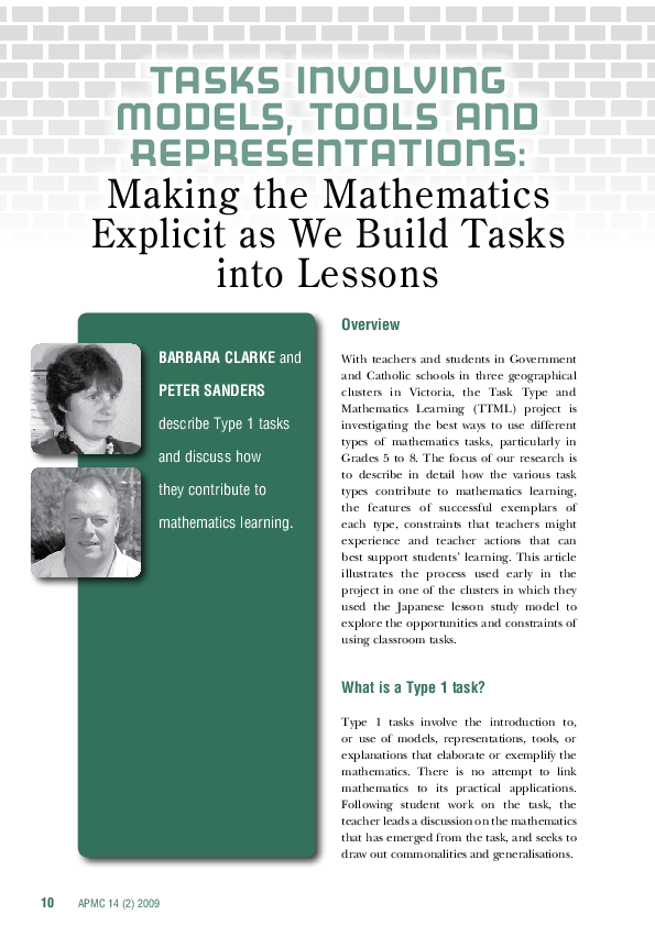 (PDF) Tasks Involving Models, Tools and Representations: Making the ...