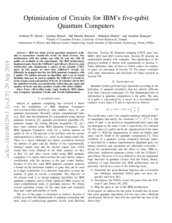 (PDF) Optimization of Circuits for IBM's Five-Qubit Quantum Computers