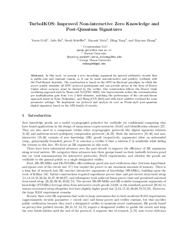 (PDF) TurboIKOS: Improved Non-interactive Zero Knowledge and Post-Quantum Signatures