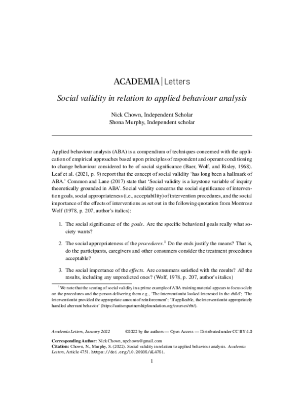 (PDF) Social validity in relation to applied behaviour analysis