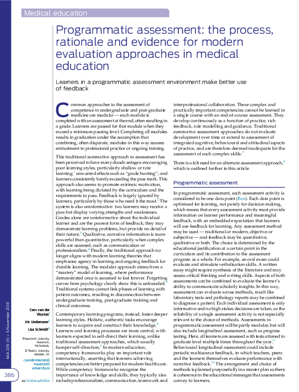 (PDF) Programmatic assessment: the process, rationale and evidence for ...