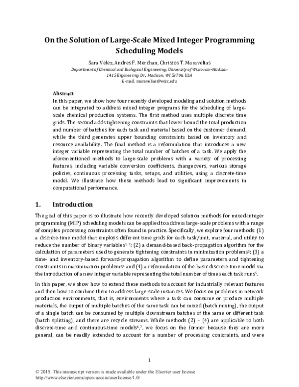 Pdf On The Solution Of Large Scale Mixed Integer Programming Scheduling Models Sara Manuela