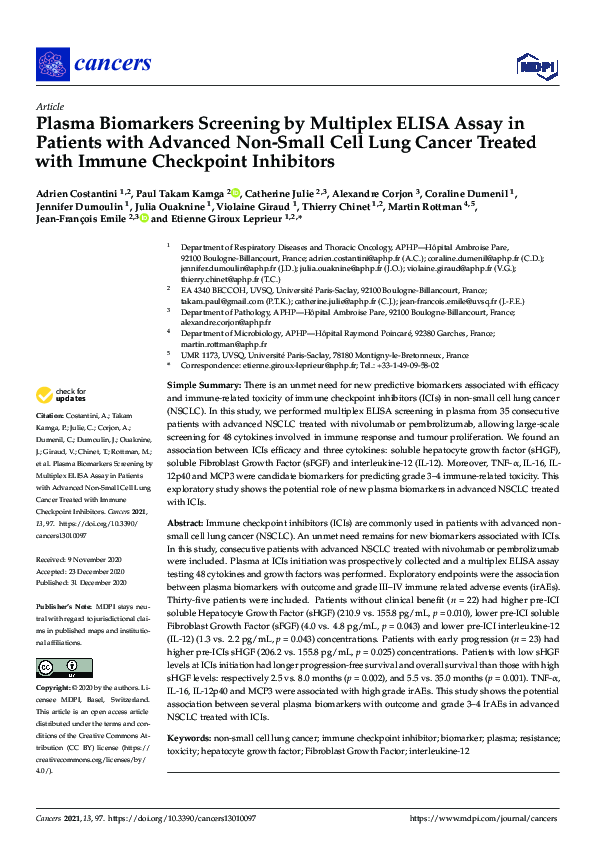 (PDF) Plasma Biomarkers Screening by Multiplex ELISA Assay in Patients ...