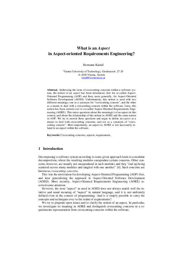 (PDF) What is an Aspect in Aspect-oriented Requirements Engineering? | Hermann Kaindl - Academia.edu