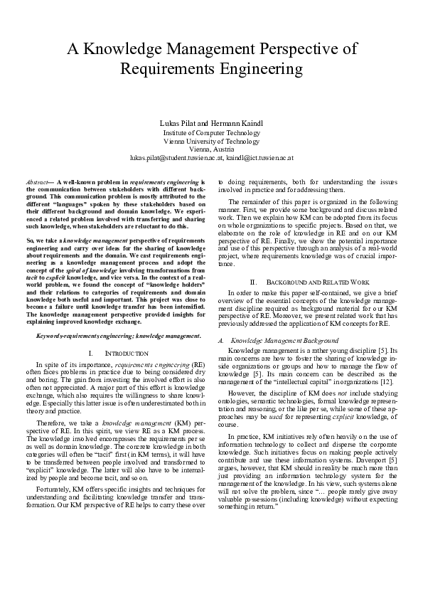 (PDF) A knowledge management perspective of requirements engineering