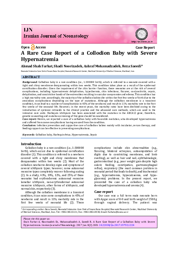 (PDF) A Rare Case Report of a Collodion Baby with Severe Hypernatremia
