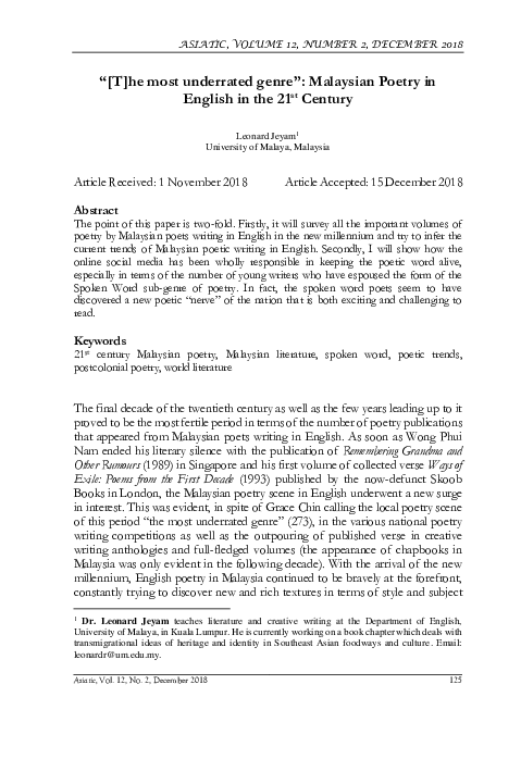 (PDF) “[T]he most underrated genre”: Malaysian Poetry in English in the ...