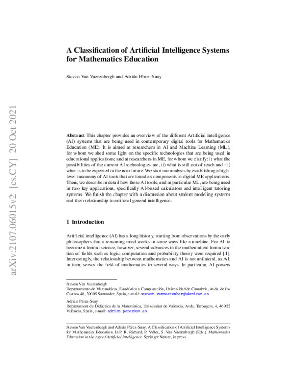 (PDF) A Classification of Artificial Intelligence Systems for Mathematics Education