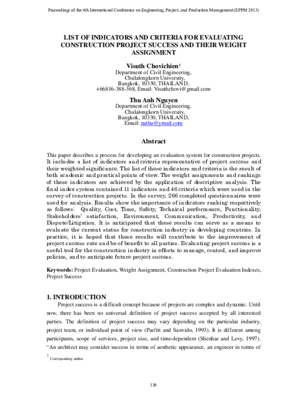 (PDF) List of Indicators and Criteria for Evaluating Construction ...