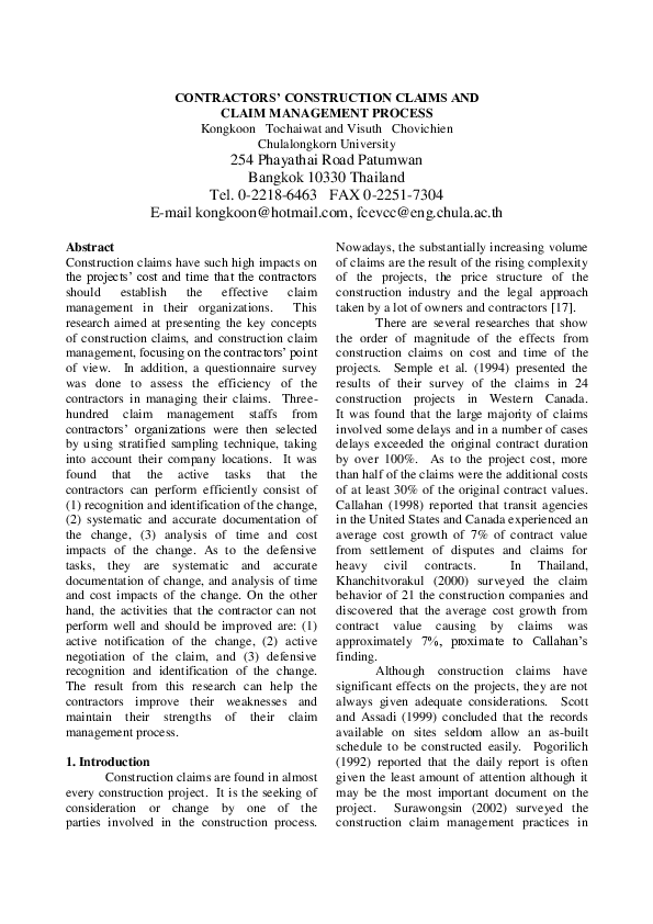 (PDF) Contractors' Construction Claims and Claim Management Process