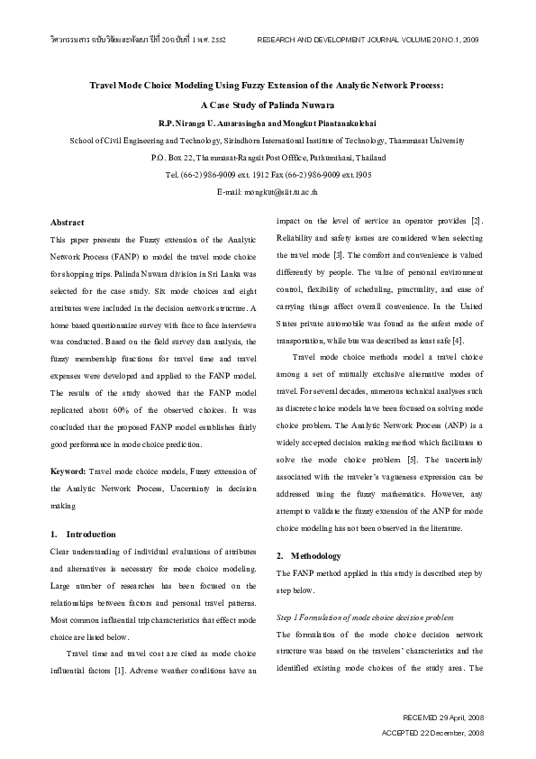 (PDF) Travel Mode Choice Modeling Using Fuzzy Extension of the Analytic Network Process: A Case ...