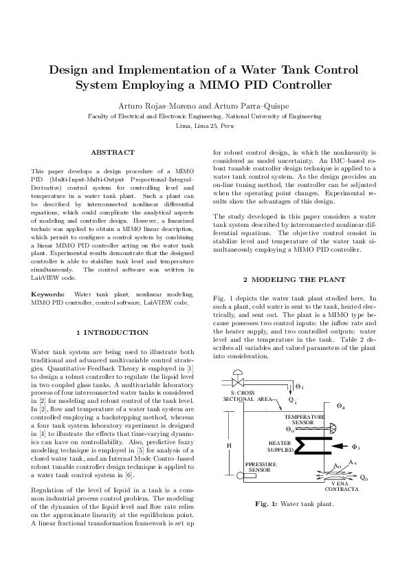 (PDF) Design and Implementation of a Water Tank Control System Employing a MIMO PID Controller