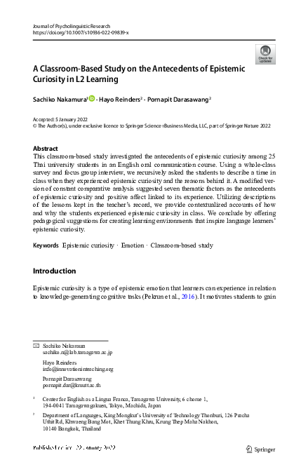 (PDF) A Classroom-Based Study on the Antecedents of Epistemic Curiosity in L2 Learning