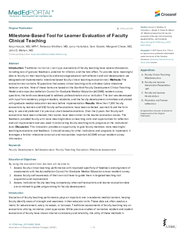 (PDF) Milestone-Based Tool for Learner Evaluation of Faculty Clinical Teaching