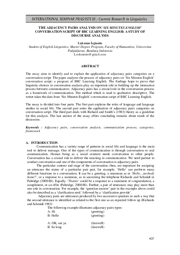 Pdf The Adjacency Pairs Analysis On Six Minutes English Conversation Script Of Bbc Learning 3796