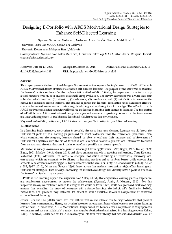(PDF) Designing E-Portfolio with ARCS Motivational Design Strategies to Enhance Self-Directed ...