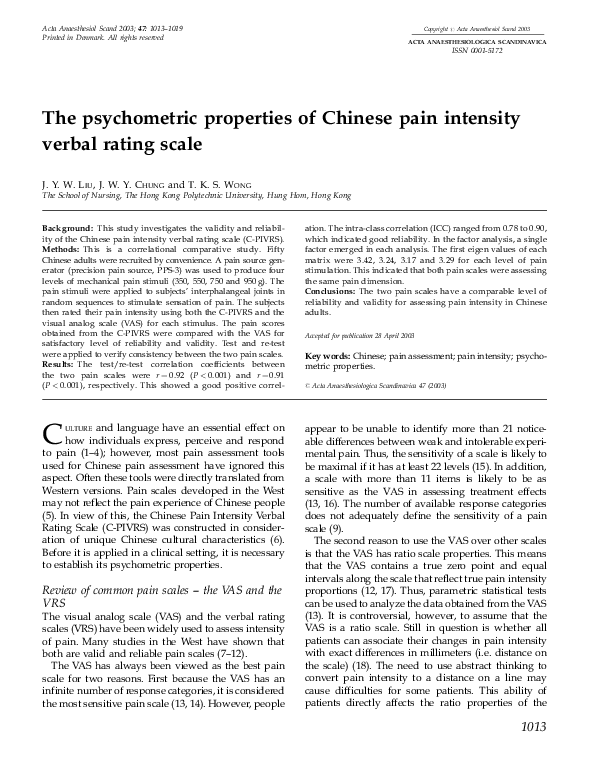 (PDF) The psychometric properties of Chinese pain intensity verbal ...