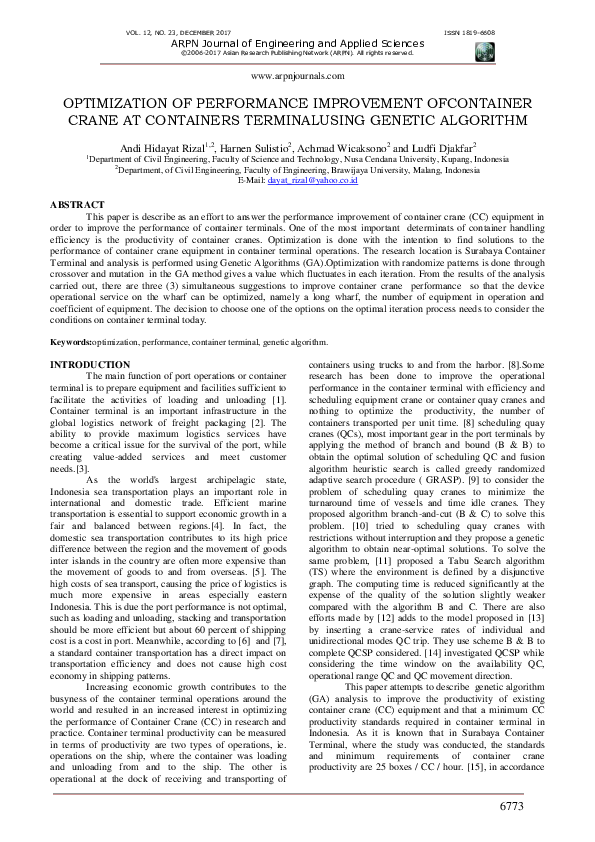 (PDF) Optimization of Performance Improvement Ofcontainer Crane at Containers Terminalusing ...