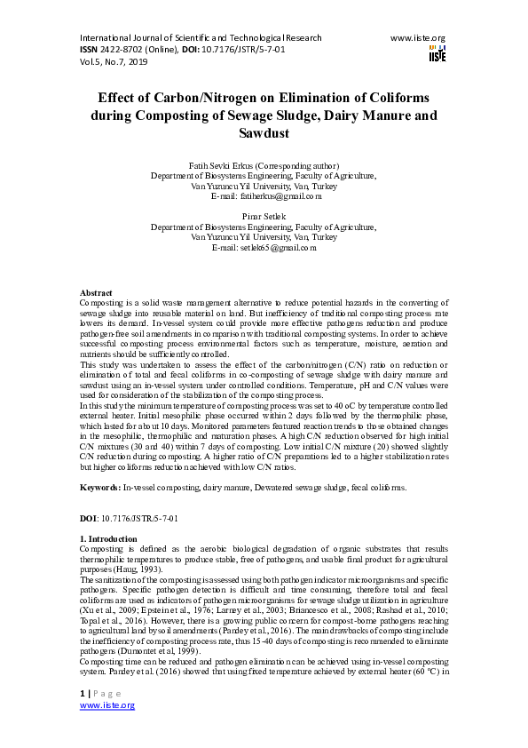 (PDF) Effect of Carbon/Nitrogen on Elimination of Coliforms during ...