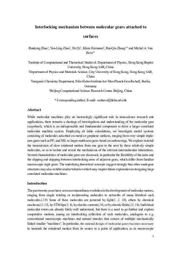 (PDF) Interlocking Mechanism between Molecular Gears Attached to Surfaces