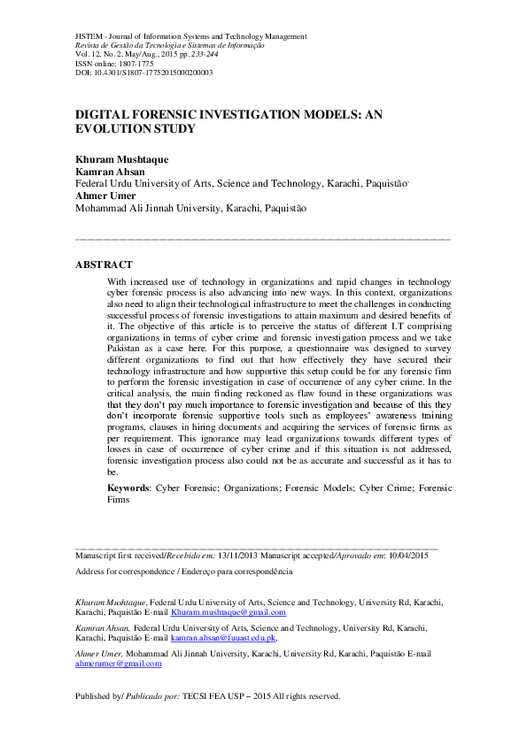 (PDF) Digital Forensic Investigation Models, an Evolution study
