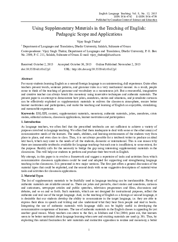 (PDF) Using Supplementary Materials in the Teaching of English ...
