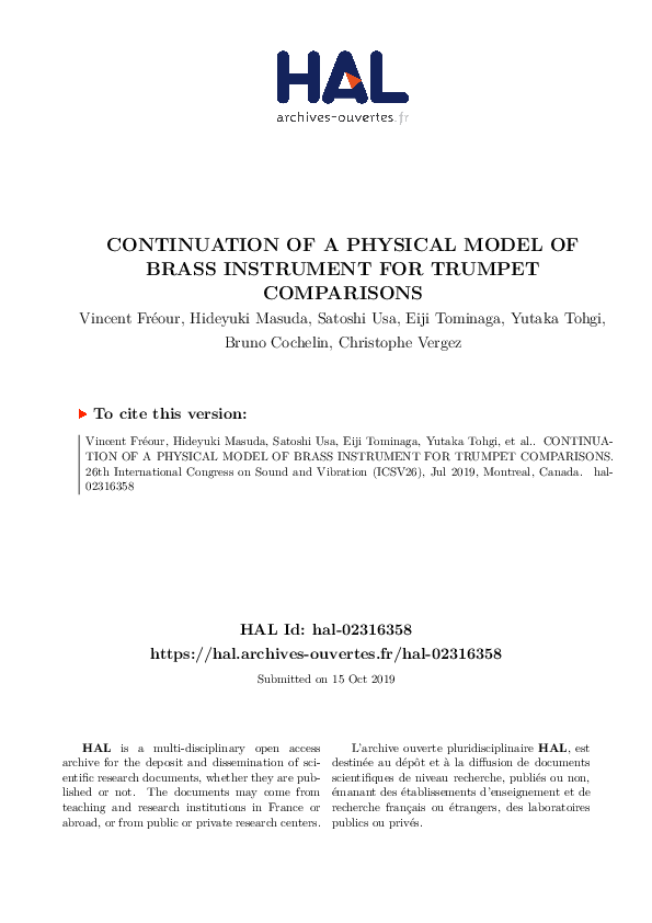 (PDF) Continuation of a Physical Model of Brass Instrument for Trumpet ...