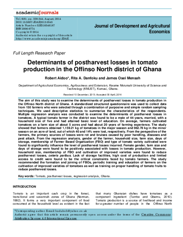 (PDF) Determinants of post harvest losses in tomato production: a case ...