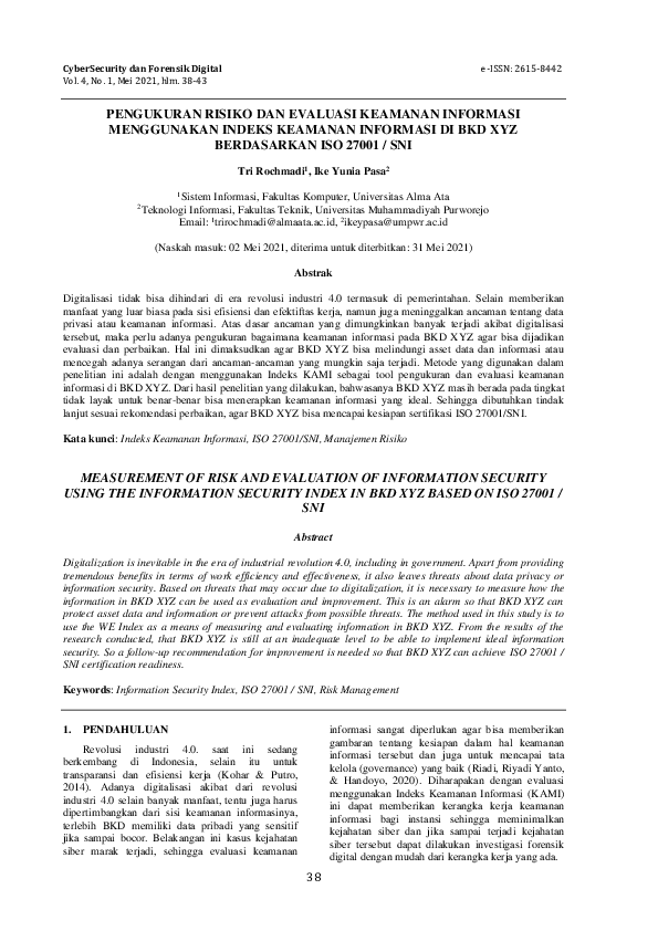(PDF) Pengukuran Risiko Dan Evaluasi Keamanan Informasi Menggunakan Indeks Keamanan Informasi DI ...