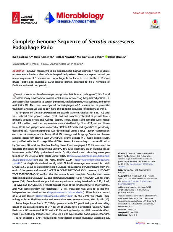 (PDF) Complete Genome Sequence of Serratia marcescens Podophage Parlo