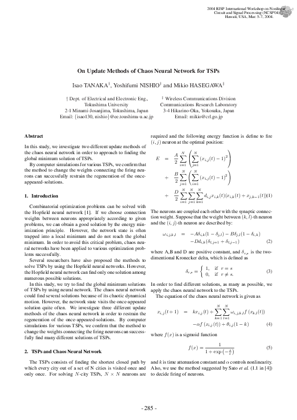 (PDF) On Update Methods of Chaos Neural Network for TSPs | Mikio ...