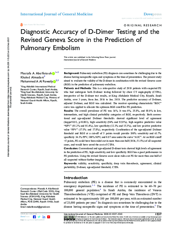(PDF) Diagnostic Accuracy of D-Dimer Testing and the Revised Geneva ...