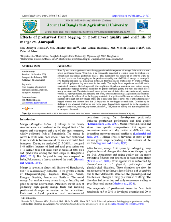 (PDF) Effects of preharvest fruit bagging on postharvest quality and shelf life of mango cv ...