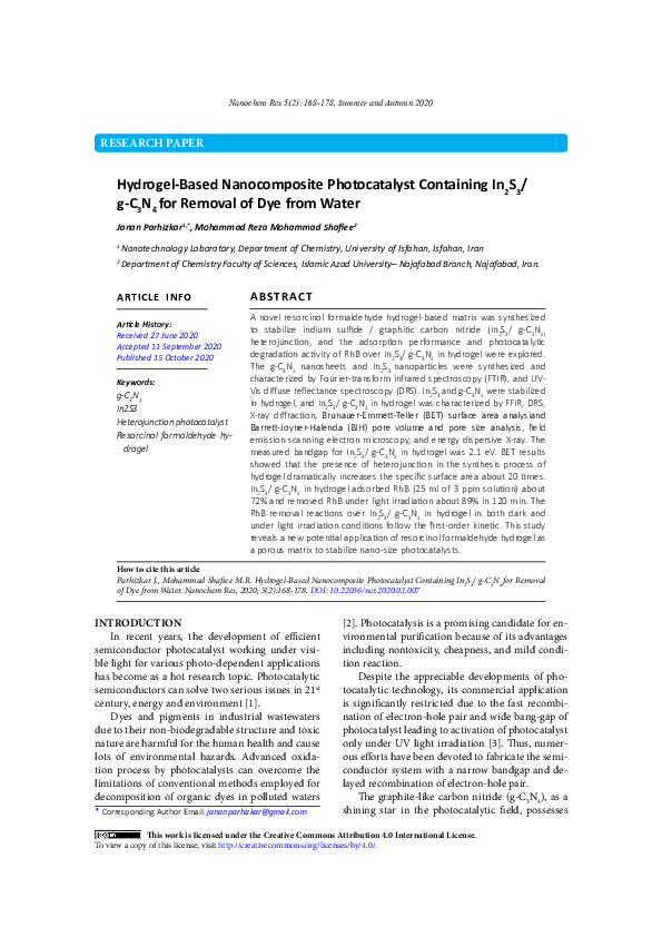 (PDF) Hydrogel Based Nanocomposite Photocatalyst Containing In2S3/ g ...