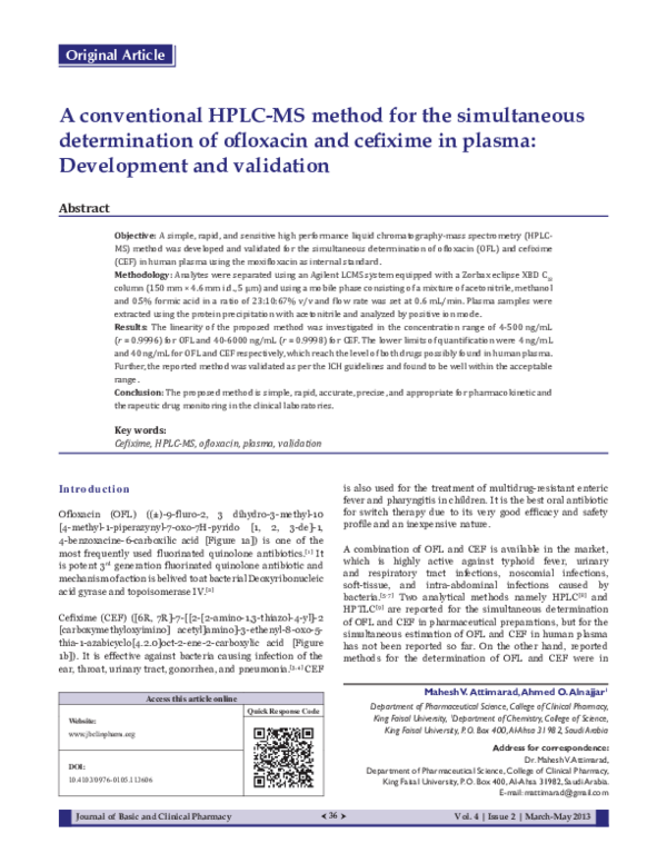 (PDF) A conventional HPLC-MS method for the simultaneous determination of ofloxacin and cefixime ...