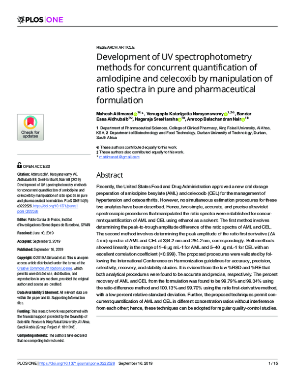 (PDF) Development of UV spectrophotometry methods for concurrent quantification of amlodipine ...