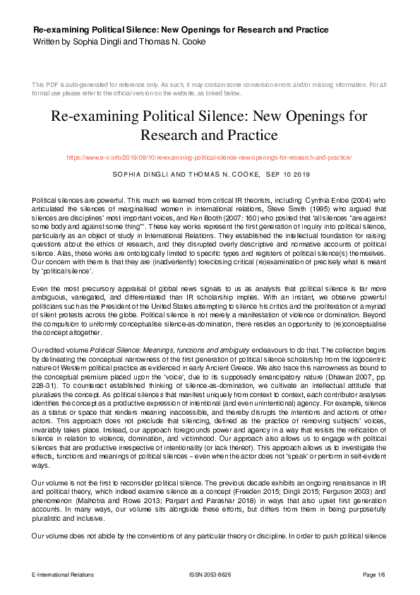 (PDF) Re-examining Political Silence: New Openings for Research and ...