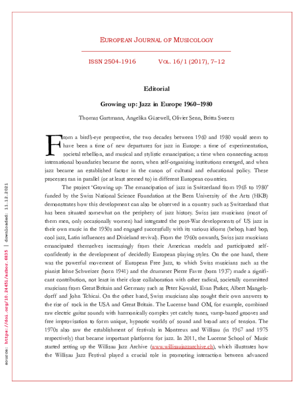 (PDF) Growing up: Jazz in Europe 1960–1980
