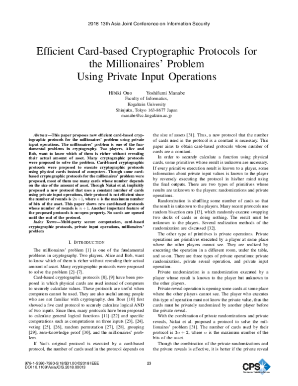 Pdf Efficient Card Based Cryptographic Protocols For The Millionaires Problem Using Private